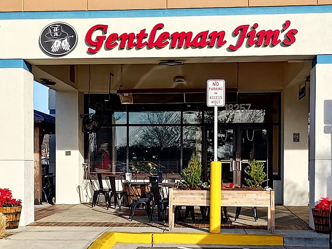 Outdoor seating at Gentleman Jim's offers the perfect spot for pizza enjoyment. The classic storefront hides decades of pizza-making magic within.