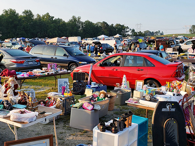 A sea of tables and tents stretches across Jake's parking lot—each one a tiny island of potential treasures waiting to be discovered.