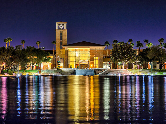 McAllen's waterfront at night—where government architecture gets all dressed up with nowhere to go except straight into your Instagram feed.
