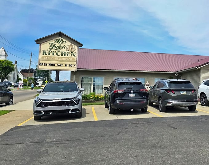 A busy parking lot at Mrs. Yoder's Kitchen – where locals know the best comfort food is worth every minute of the wait.