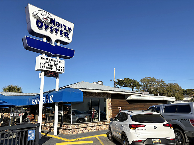 That classic roadside sign says it all – oysters await! Myrtle Beach's beloved seafood joint beckons hungry travelers.