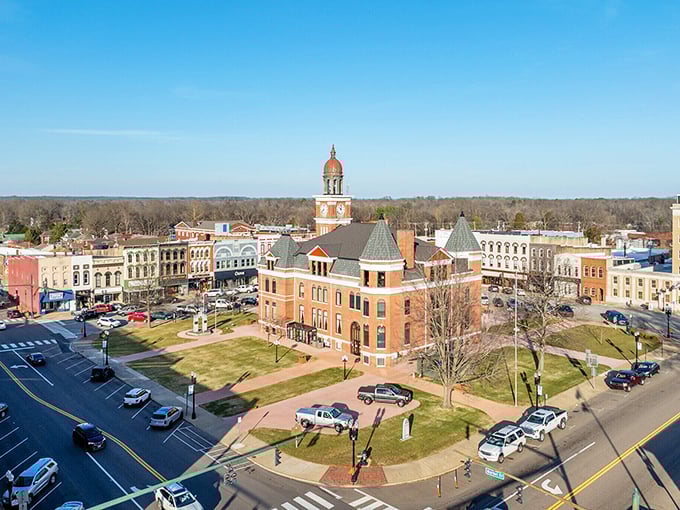 Paris showcases its classic courthouse square layout, where the historic county building stands proudly amid tree-lined streets and local businesses.