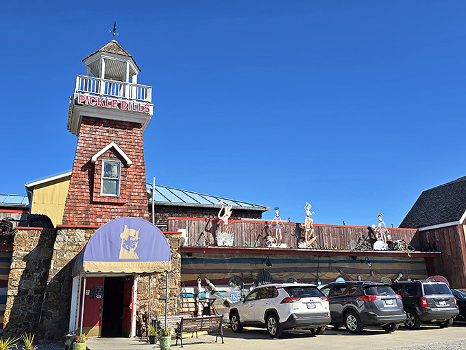 The red-brick lighthouse rising from Pickle Bill's isn't just for show—it's a beacon for seafood lovers searching for lobster in landlocked Ohio.