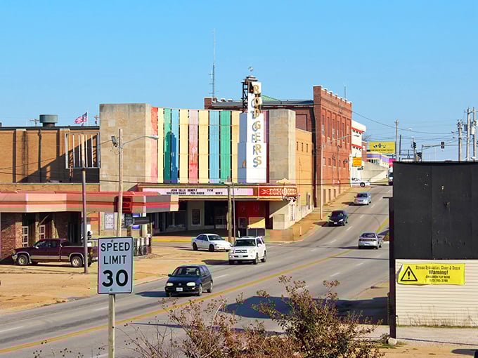 The colorful Rodgers Theatre stands as Poplar Bluff's crown jewel, a rainbow-hued invitation to step back into cinema's golden age.