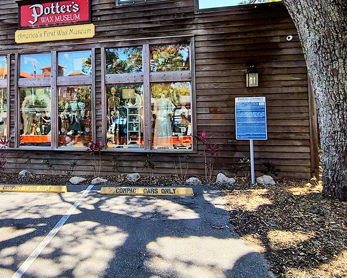 Compact cars only, please! Even the parking spaces at America's first wax museum have their own quirky charm.