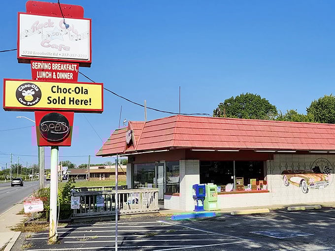 That vintage sign promises more than breakfast—it's selling nostalgia with a side of Choc-Ola, the chocolate drink that makes Hoosiers misty-eyed.