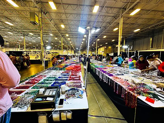 A rainbow of beads stretches as far as the eye can see. Jewelry heaven for crafters and collectors alike!