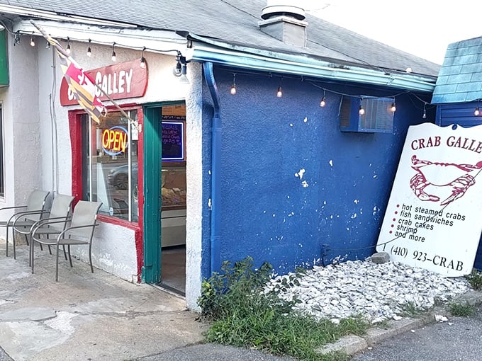 The Crab Galley: Blue walls, string lights, and a neon "OPEN" sign – the universal language for "get in here and eat something amazing."