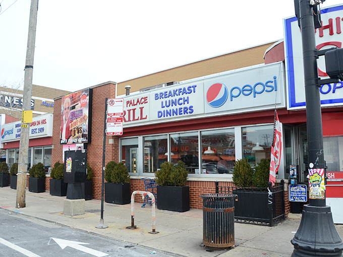 Classic brick and neon – White Palace Grill's exterior is a time capsule of American diner culture.