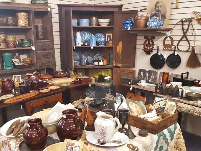 Grandma's kitchen comes alive in this corner. Those blue speckled dishes probably served countless Sunday dinners before finding their way here.