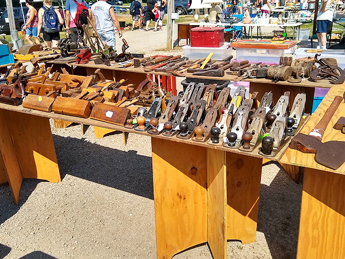 Woodworking tools from another era line up like soldiers. Each plane and hand tool tells a story of craftsmanship that predates power tools and DIY YouTube tutorials.
