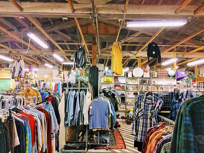 Rows upon rows of vintage treasures await under exposed wooden beams. This isn't shopping—it's time travel with a price tag.