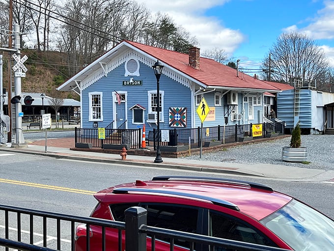 This charming blue depot isn't just a building—it's a portal to adventure, standing patiently in Bryson City as it has for generations.