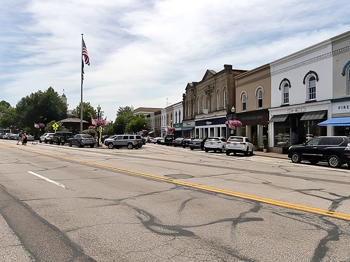 Those American flags aren't just decoration—they're a statement. This town wears its charm like your favorite comfy sweater.