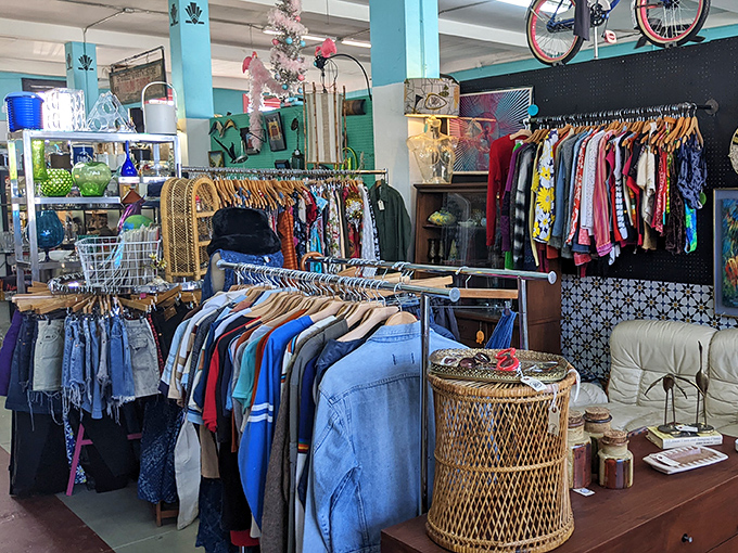 A rainbow explosion of vintage threads awaits, where every hanger holds a story and that perfect 70s jacket you didn't know you needed.