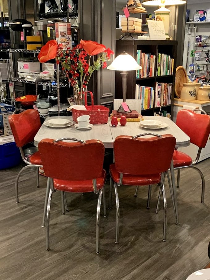 Mid-century magic in cherry red! This vintage dining set isn't just furniture—it's a time machine to family dinners circa 1965.