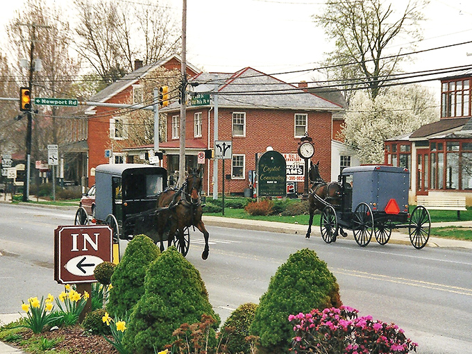 Where past and present coexist beautifully – horse-drawn buggies share the road with modern vehicles while historic brick buildings stand sentinel over time.