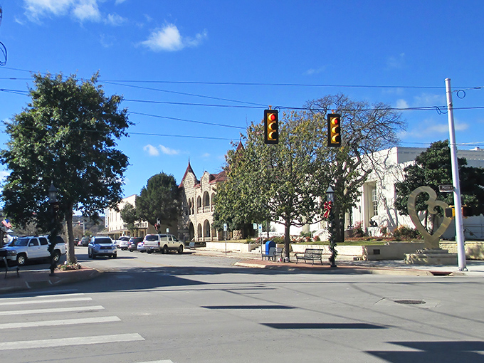 The heart of Kerrville showcases its architectural character – notice how the sunlight plays on those limestone facades. Pure Hill Country magic.