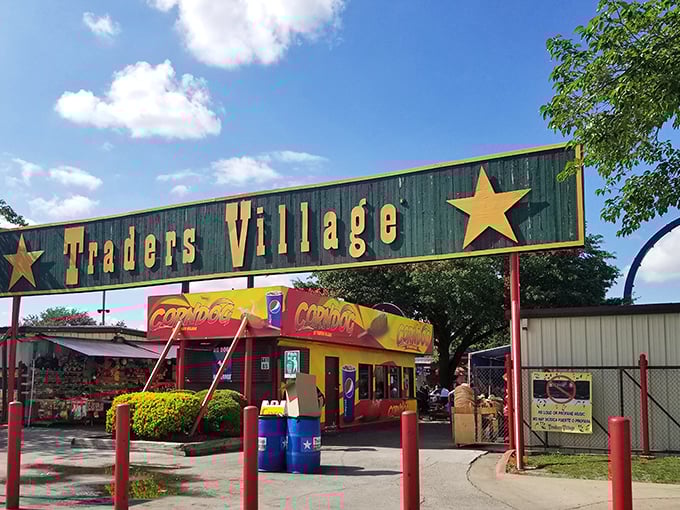Blue skies and golden stars frame the entrance to this Texas-sized marketplace where treasure hunting isn't just a hobby—it's a competitive sport.