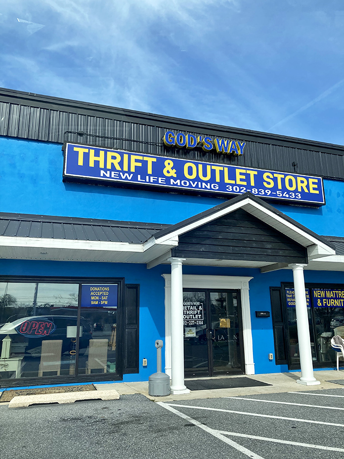 The bright blue exterior stands out along Coastal Highway like a beacon for thrifty shoppers seeking both bargains and purpose.
