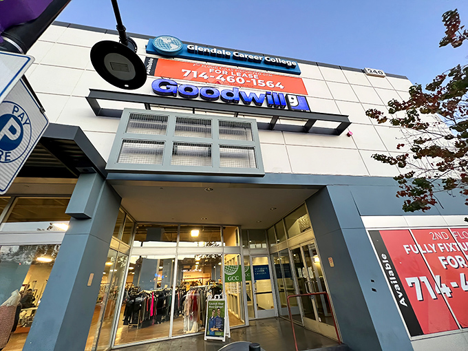 The blue Goodwill sign beckons like a lighthouse for the bargain-obsessed, promising treasures within those sliding glass doors.