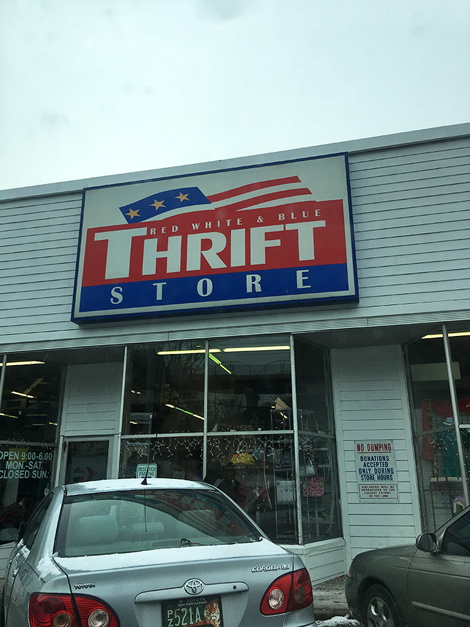 That patriotic sign isn't just decoration—it's a beacon calling to thrifty Pennsylvanians like moths to a flame of fantastic deals.