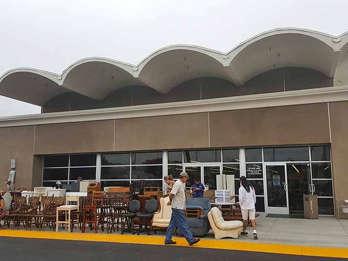 Outdoor furniture finds await their forever homes. One shopper's castoff is another's statement piece, all under Covina's characteristically blue California sky.