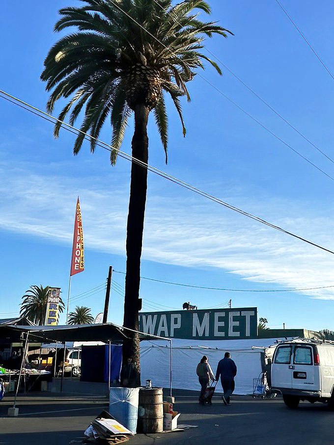 The iconic "WAP MEET" sign (the S apparently took early retirement) welcomes visitors under California's impossibly blue sky—a portal to retail adventure.