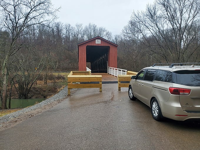 Winter's bare branches reveal the bridge's sturdy character—a testament to craftsmanship that's weathered countless Ohio seasons while welcoming modern visitors.