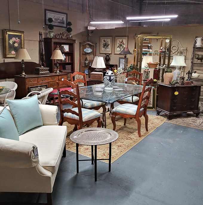 Not your average furniture showroom! This elegant dining set isn't waiting for delivery—it's patiently waiting for its second chapter in someone's home.