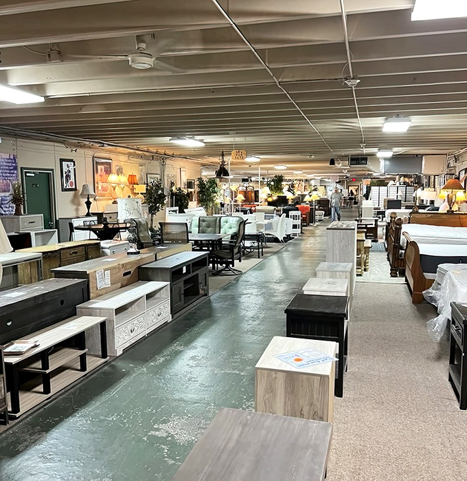 Furniture heaven stretches as far as the eye can see. This isn't your grandmother's thrift store—unless your grandmother had impeccable taste and savvy shopping skills.