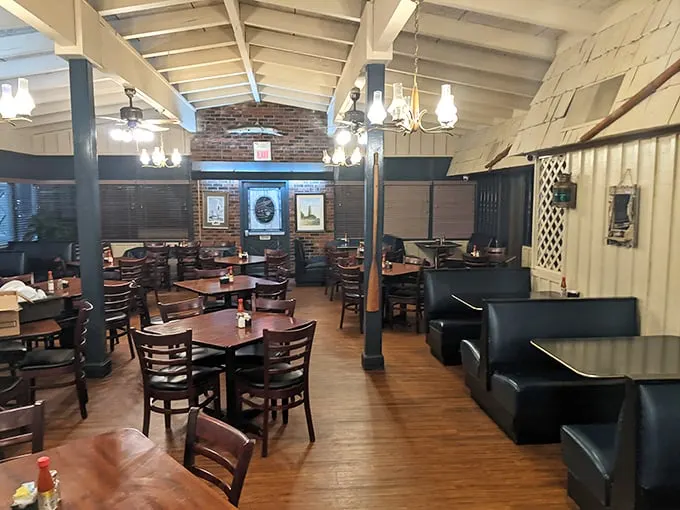 Step inside and you're greeted by wood-paneled warmth, nautical touches, and the kind of unpretentious dining room that promises good eating without the fuss.