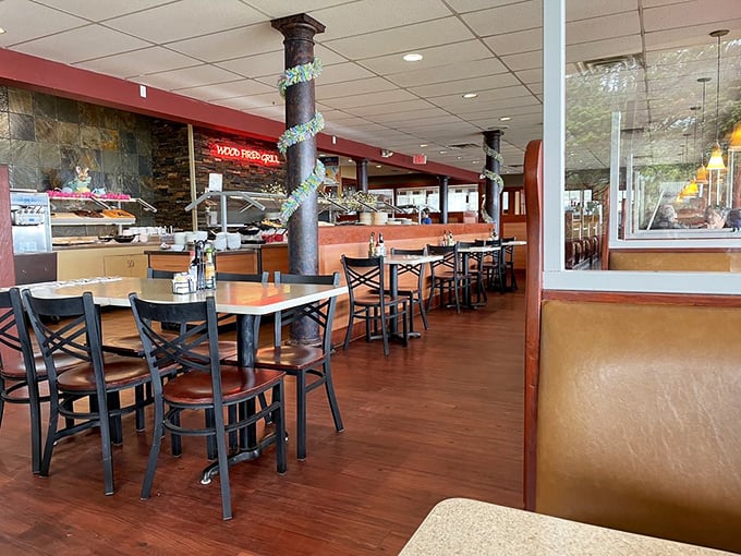 Where support columns get dressed up in vines and the real magic happens at the buffet line. Simple, honest, and exactly what you need.