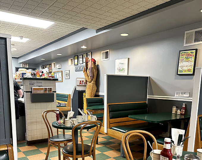 Classic green vinyl booths and checkerboard floors tell you everything you need to know—this place cares more about perfect eggs than perfect Instagram lighting.