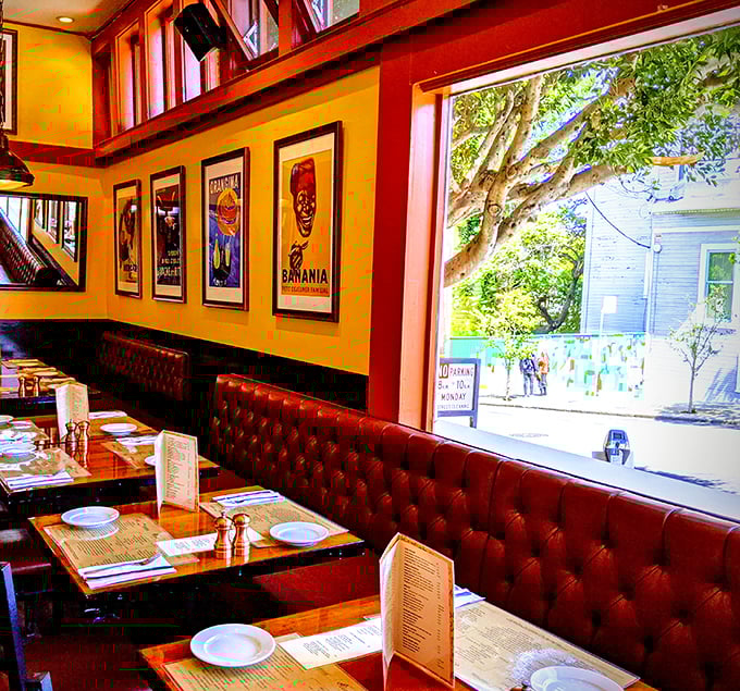 Yellow walls adorned with vintage French posters and those red leather banquettes—this isn't France, but your taste buds won't know the difference.