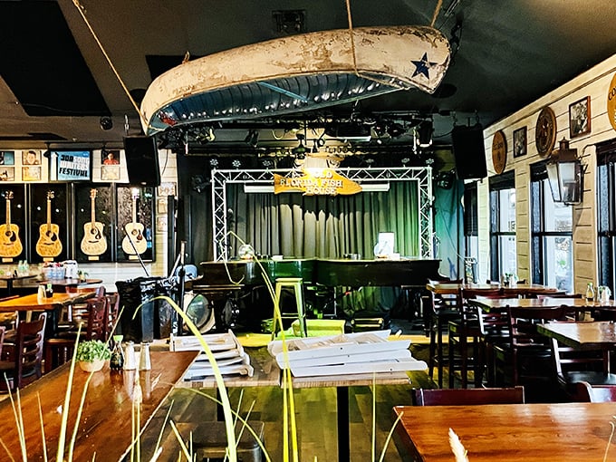 Where boats hang from ceilings and music fills the air—this isn't just dinner, it's Florida's version of dinner theater with guitars standing by for impromptu serenades.