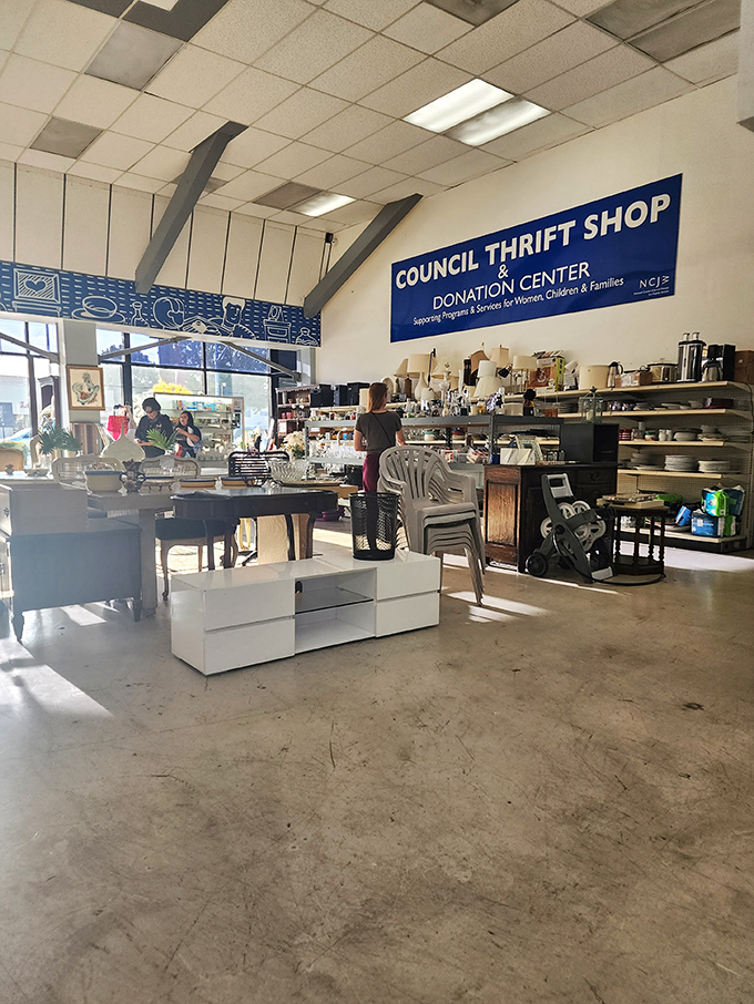 Inside, the spacious interior reveals its true character – a wonderland of secondhand treasures organized with surprising care and consideration.