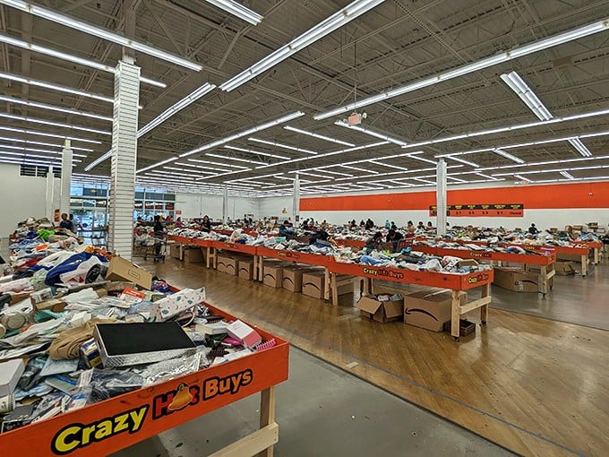 A bargain hunter's paradise stretches before you—endless tables of possibilities where one person's retail returns become another's magnificent find.