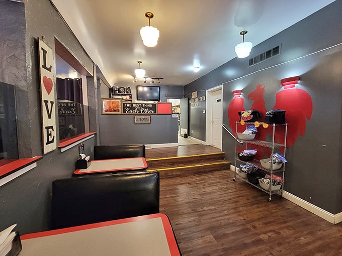 Step inside and the cozy interior welcomes you with its gray walls, red accents, and "LOVE" sign—a fitting tribute to what you'll soon feel for their haluski.
