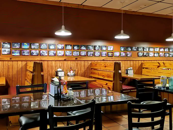 Wooden paneling and simple tables tell you immediately: this place prioritizes what's on your plate, not what's on their walls.