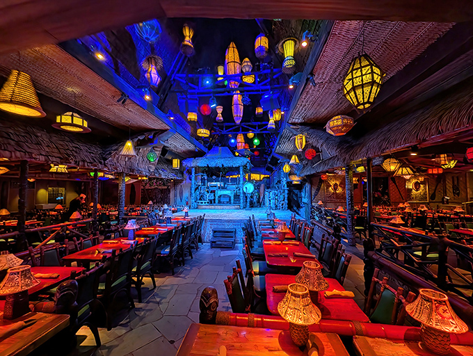 The dining room glows with the warm light of dozens of colorful lanterns, creating an atmosphere that whispers, "Your ordinary Tuesday night just got extraordinary."