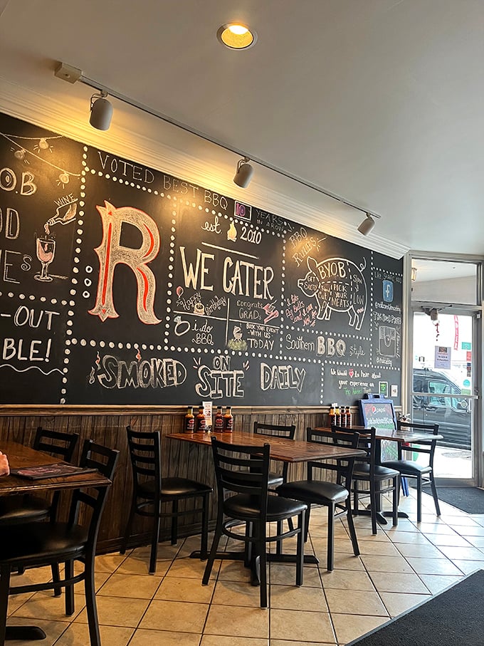 Inside Redd's, chalkboard menus and wooden tables create the perfect no-nonsense atmosphere for serious eating.