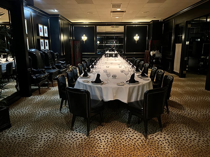 Dark paneling, leopard print carpet, and crisp white tablecloths—this private dining room isn't just elegant, it's where memories are made between bites.
