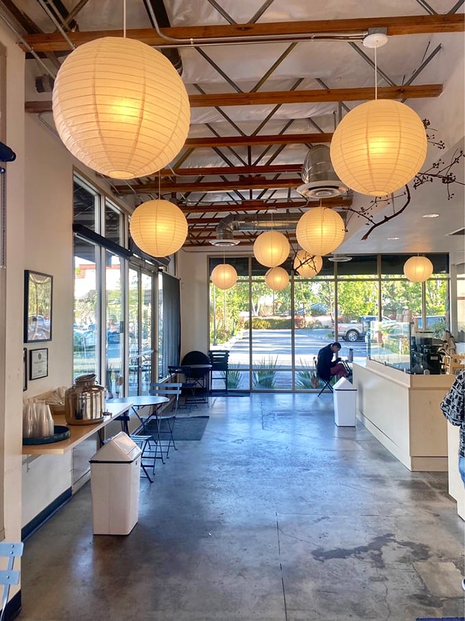 Zen meets donut nirvana with soaring ceilings, paper lanterns, and concrete floors. This isn't your grandfather's fluorescent-lit donut shop—it's California cool with sprinkles on top.