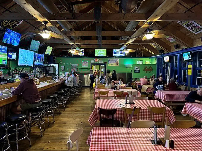 Step inside to a world where wooden beams, checkered tablecloths, and the promise of seafood bliss create the perfect Maryland dining atmosphere.