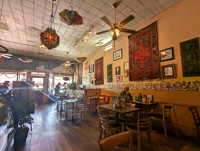 Step inside to discover a treasure trove of southwestern charm—ornate lamps, colorful tapestries, and wooden tables that have hosted countless desert tales.