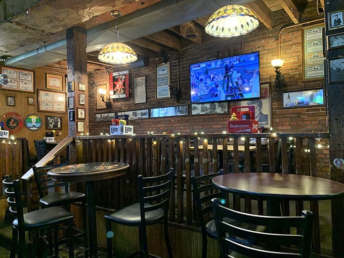 Inside, time stands still in the best possible way. Tiffany lamps, exposed brick, and wooden dividers create that perfect neighborhood tavern atmosphere we all crave.