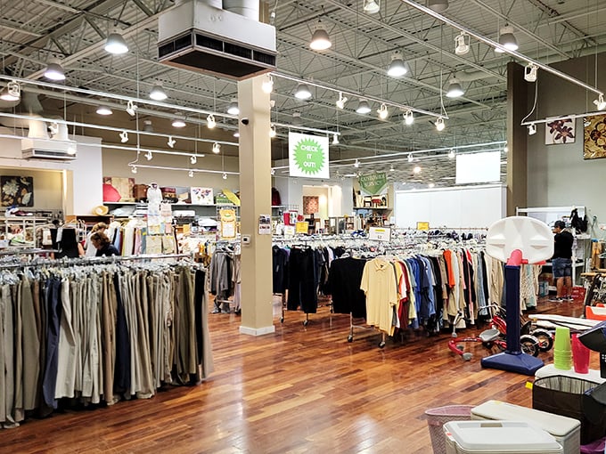 Inside, the meticulously organized clothing department stretches across gleaming hardwood floors. Marie Kondo would weep tears of organizational joy here.