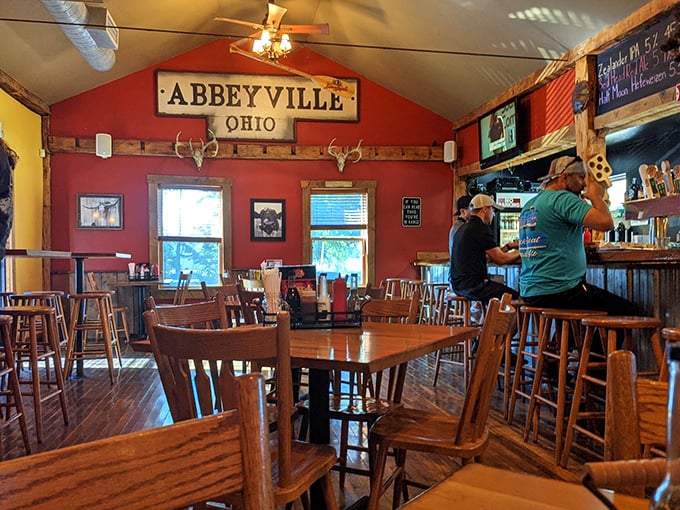 Inside, the Abbeyville sign and rustic wood-paneled interior create that perfect "I've discovered something special" feeling every food lover craves.