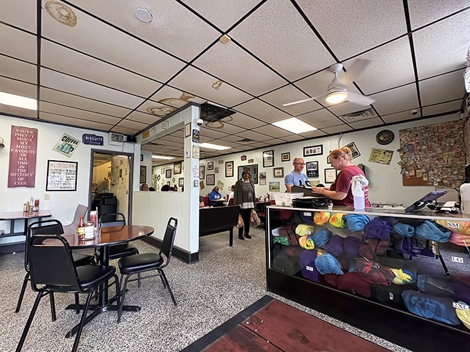 No-frills interior with speckled floors and simple tables - the universal signal that you're about to enjoy some seriously good food.